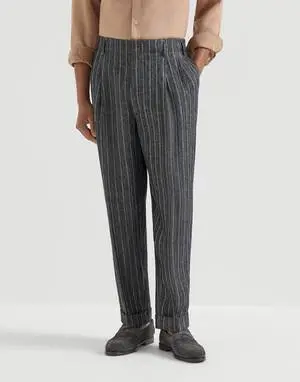 Brunello Cucinelli Linen Chalk Stripe Chevron Trousers With Double Pleats