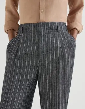 Brunello Cucinelli Linen Chalk Stripe Chevron Trousers With Double Pleats
