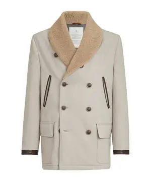 Brunello Cucinelli Wool And Cashmere Cavalry Coat With Thermore Padding And Shearling Collar - Grey