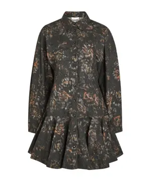 GANNI Printed Stretch-cotton Mini Shirt Dress - Black