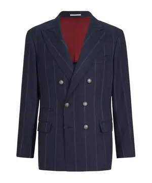 Brunello Cucinelli Cashmere And Virgin Wool Multistripe Twill One-and-a-half Breasted Deconstructed Blazer With Metal Buttons - Navy Blue