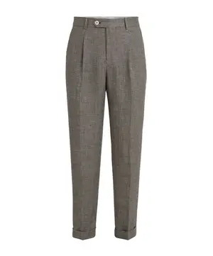 Brunello Cucinelli Linen Houndstooth Pleated Trousers - Gray
