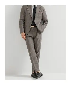 Brunello Cucinelli Linen Houndstooth Pleated Trousers