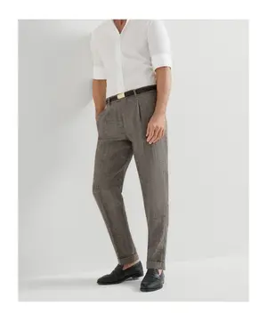 Brunello Cucinelli Linen Houndstooth Pleated Trousers