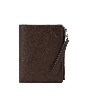 Loewe Puzzle Slim Compact Wallet In Supple Grained Calfskin - Chocolate