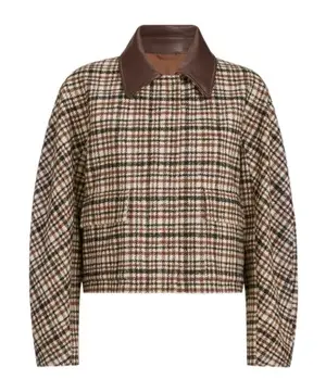 Brunello Cucinelli Checked Wool And Alpaca Blend Jacket With Leather Collar And Monili - Multicolor
