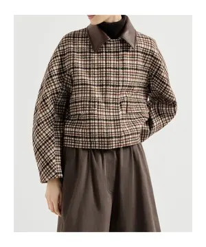 Brunello Cucinelli Comfort Checked Wool And Alpaca Outerwear Jacket With Leather-collar And Monili