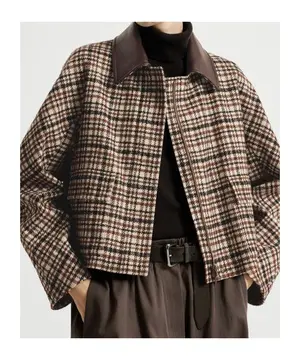 Brunello Cucinelli Comfort Checked Wool And Alpaca Outerwear Jacket With Leather-collar And Monili