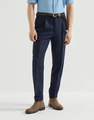 Brunello Cucinelli Cashmere And Virgin Wool Multistripe Pleated Trousers - Navy Blue