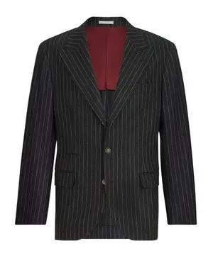 Brunello Cucinelli Virgin Wool And Cashmere Chalk Stripe Flannel Deconstructed Blazer With Large Peak Lapels And Metal Buttons - Anthracite
