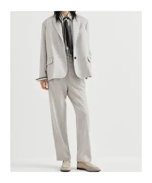 Brunello Cucinelli Wool Flannel Baggy Trousers With Monili - Grey