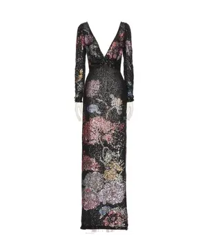 Valentino Garavani Sequined Long-sleeved V-neck Gown
