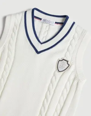 Brunello Cucinelli Cotton Cable Knit V-neck Vest With Emblem