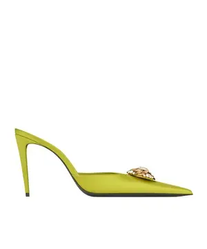 Saint Laurent Cosmo Mules In Satin Crepe And Crystals - Lime Green
