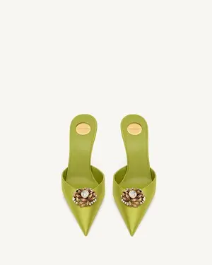 Saint Laurent Cosmo Mules In Satin Crepe And Crystals - Lime Green