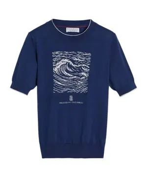 Brunello Cucinelli Cotton Lightweight Knit T-shirt With Wave Intarsia