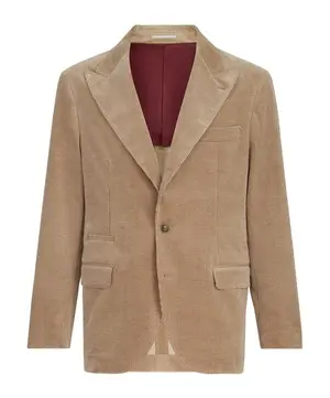 Brunello Cucinelli Comfort Cotton And Cashmere Corduroy Deconstructed Blazer With Large Peak Lapels And Metal Buttons - Camel