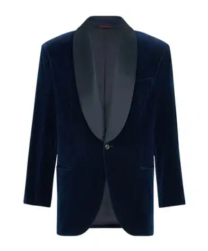 Brunello Cucinelli Cotton Chalk-stripe Velvet Tuxedo Jacket With Shawl Lapels - Navy Blue