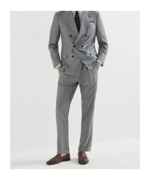 Brunello Cucinelli Virgin Wool And Silk Lightweight Hopsack Trousers With Pleat - Gray