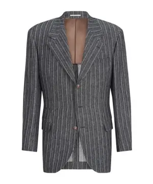 Brunello Cucinelli Linen Chalk Stripe Chevron Tailor Blazer With Metal Buttons - Anthracite