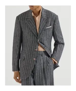 Brunello Cucinelli Linen Chalk Stripe Chevron Tailor Blazer With Metal Buttons