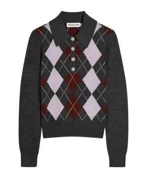 SELF-PORTRAIT Argyle Wool Polo Top - Black