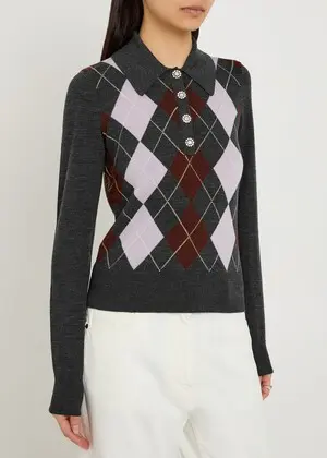 SELF-PORTRAIT Argyle Wool Polo Top