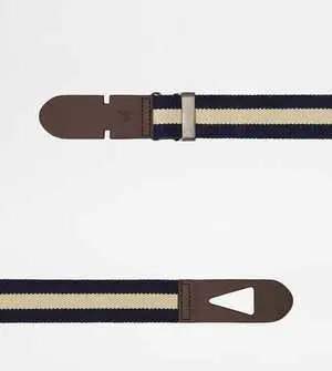 TOD'S Striped Canvas Belt With Leather Snap Buckle - Blue/beige