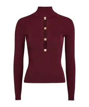 SELF-PORTRAIT Keyhole Ribbed Stretch-knit Top - Brown
