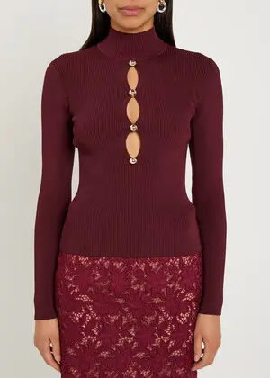SELF-PORTRAIT Keyhole Ribbed Stretch-knit Top