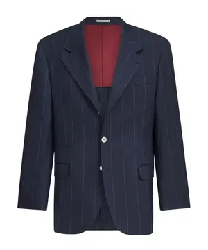 Brunello Cucinelli Virgin Wool Chalk Stripe Tailor Blazer - Black