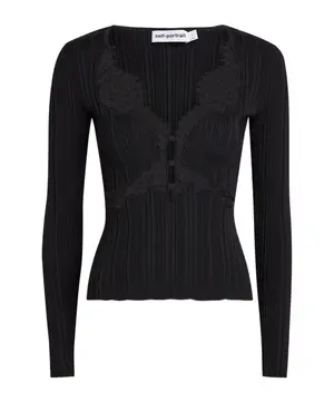 SELF-PORTRAIT Ribbed Lace-trim Stretch-knit Top - Black