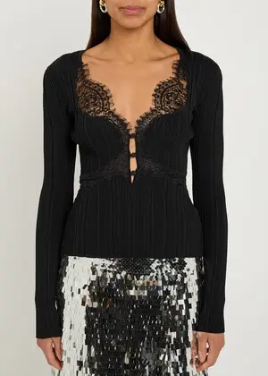 SELF-PORTRAIT Ribbed Lace-trim Stretch-knit Top