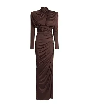 Balmain Long Flowing Jersey Dress With Gold-tone Buckle And Drawstring Slits