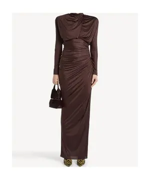 Balmain Long Flowing Jersey Dress With Gold-tone Buckle And Drawstring Slits