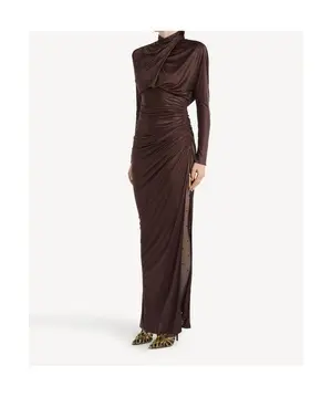 Balmain Long Flowing Jersey Dress With Gold-tone Buckle And Drawstring Slits