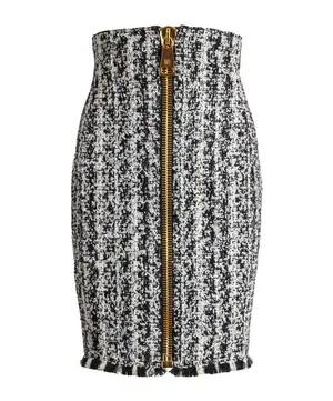Balmain Two-tone Tweed Skirt With Oversized Gold-tone Zipper - Black