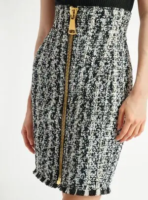 Balmain Two-tone Tweed Skirt With Oversized Gold-tone Zipper