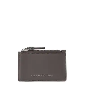 Brunello Cucinelli Calfskin Card Case With Shiny Zipper Pull - Brown