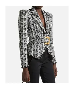 Balmain Two-tone Tweed Belted Jacket