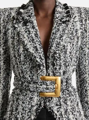 Balmain Two-tone Tweed Belted Jacket