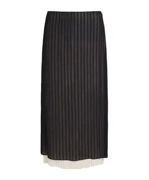 Vince Layered Striped Plissé Midi Skirt - Black