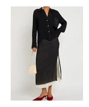 Vince Layered Striped Plissé Midi Skirt