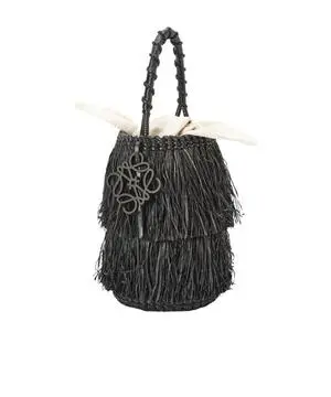 Loewe Frayed Bucket Bag In Raffia And Calfskin - Black