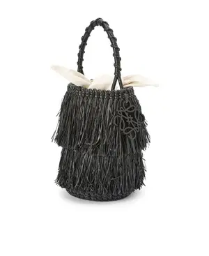 Loewe Frayed Bucket Bag In Raffia And Calfskin