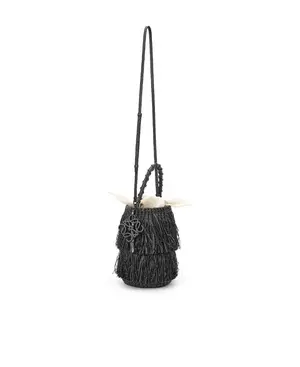 Loewe Frayed Bucket Bag In Raffia And Calfskin