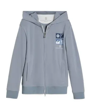 Brunello Cucinelli Cotton Piqué Hooded Sweatshirt With Zipper And Print