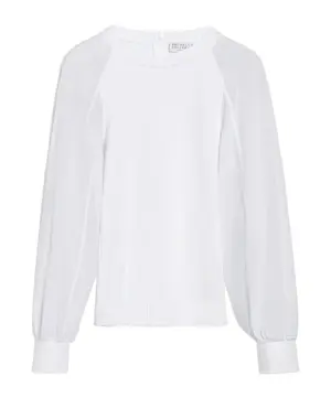 Brunello Cucinelli Stretch Cotton Ribbed Jersey And Crispy Silk Top With Monili