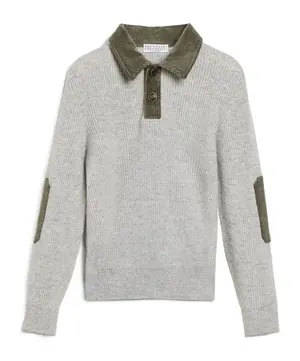 Brunello Cucinelli Cashmere English-rib Knit Polo With Corduroy Inserts
