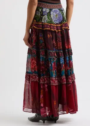 Farm Rio Ruffled Floral Print Maxi Skirt